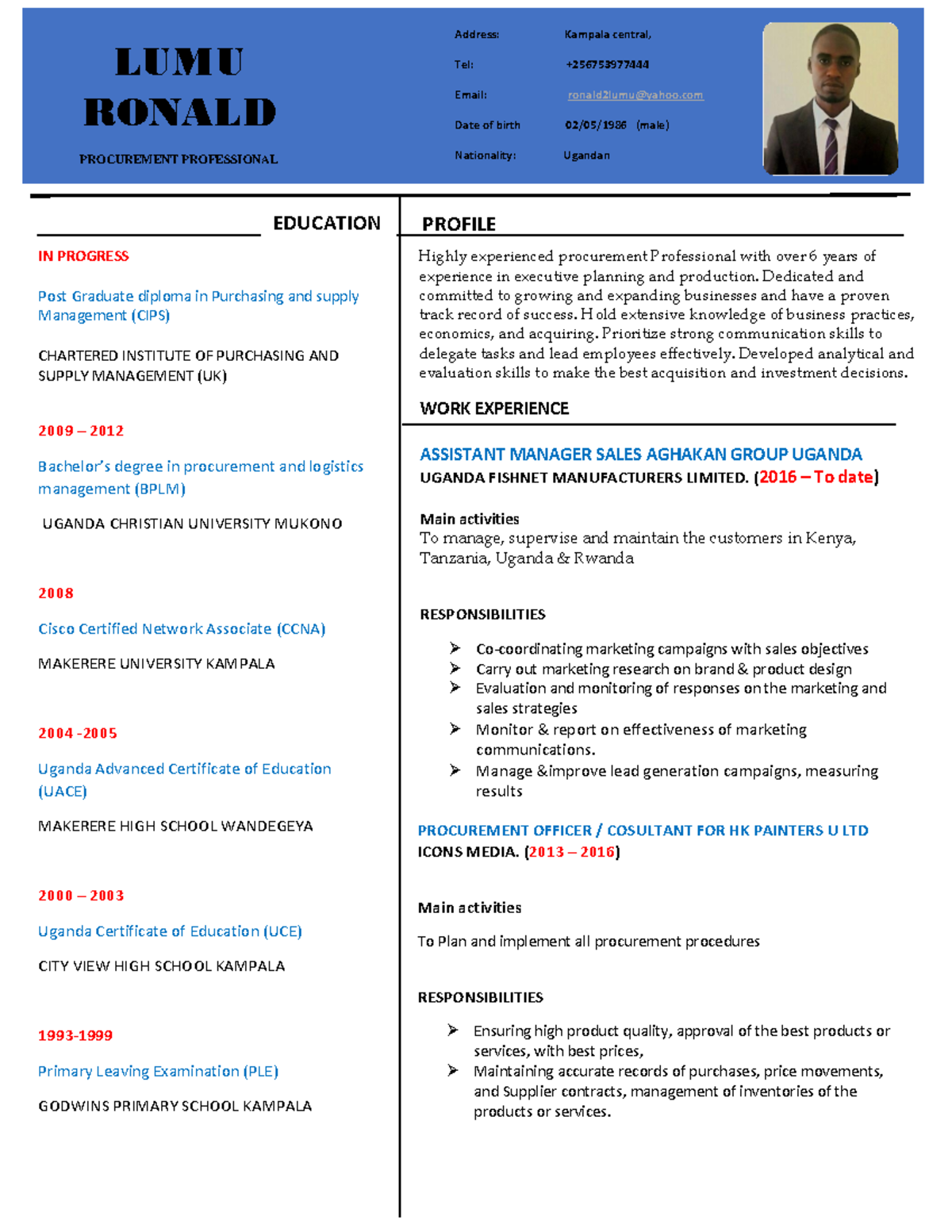 Ronald Resume 2020 - 4 LUMU RONALD PROCUREMENT PROFESSIONAL Address ...