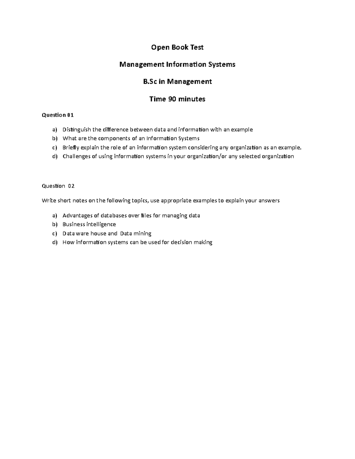 Open Book Test MIS - Assignment - Open Book Test Management Information ...