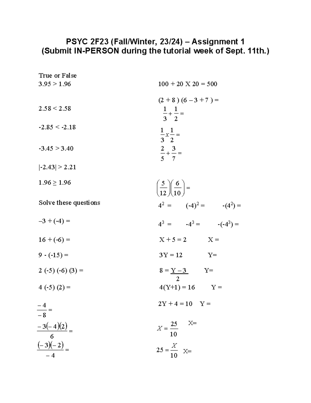 Assignment 1 - Basic Math - PSYC 2F23 (Fall/Winter, 23/24) – Assignment 1 (Submit IN-PERSON ...