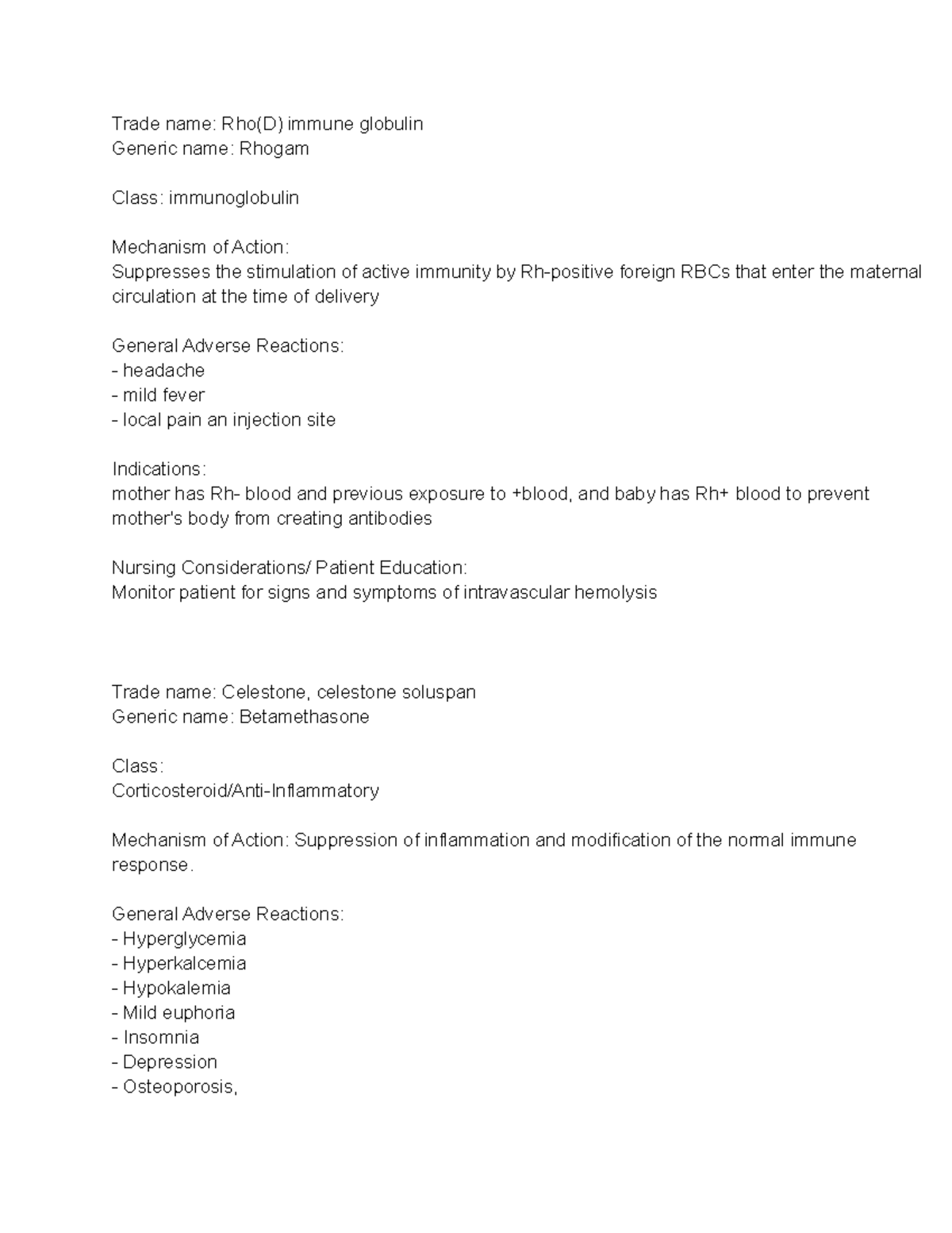OB Drug cards- HW - Trade name: Rho(D) immune globulin Generic name ...