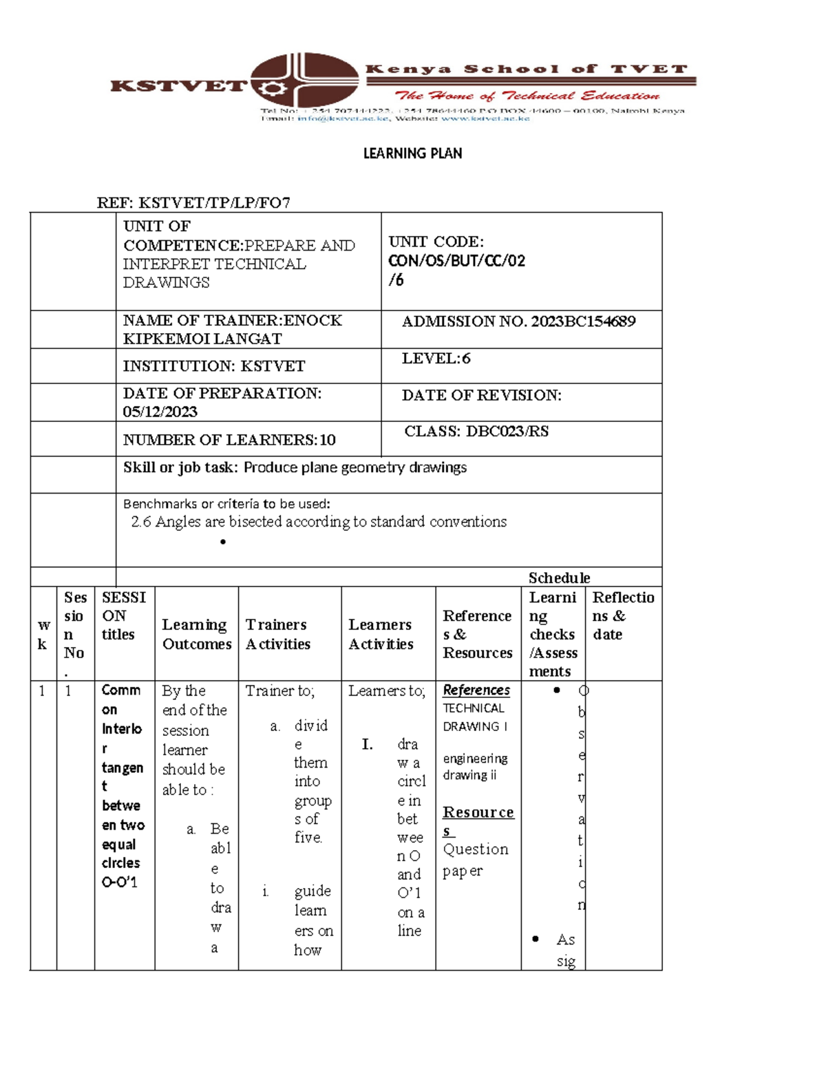 Learning PLAN langat - LEARNING PLAN REF: KSTVET/TP/LP/FO UNIT OF ...