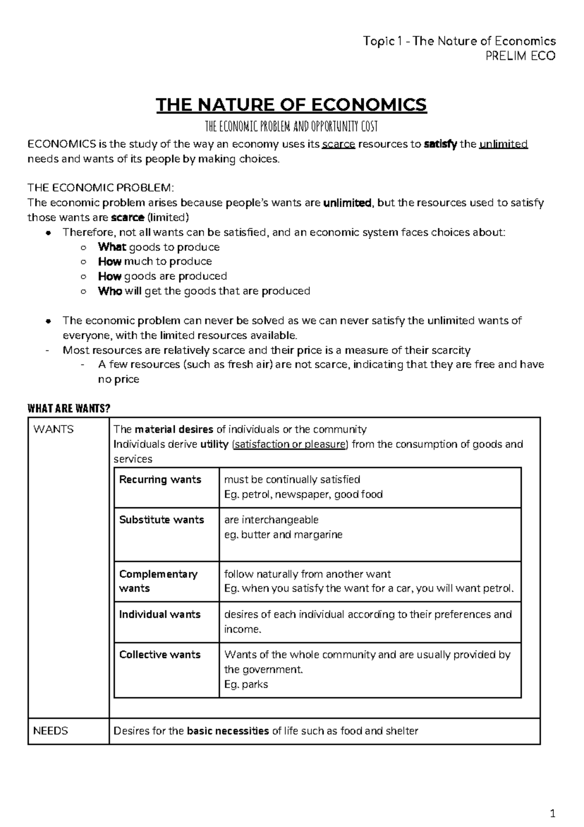 Eco notes ) Topic 1 - **PRELIM ECO ** THE NATURE OF ECONOMICS THE ...