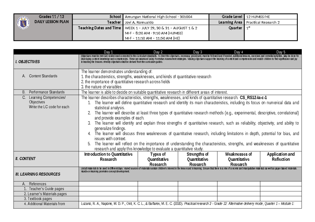 PR2 WEEK 1 REV - Lesson Plan on PR2 - Grades 11 / 12 DAILY LESSON PLAN ...