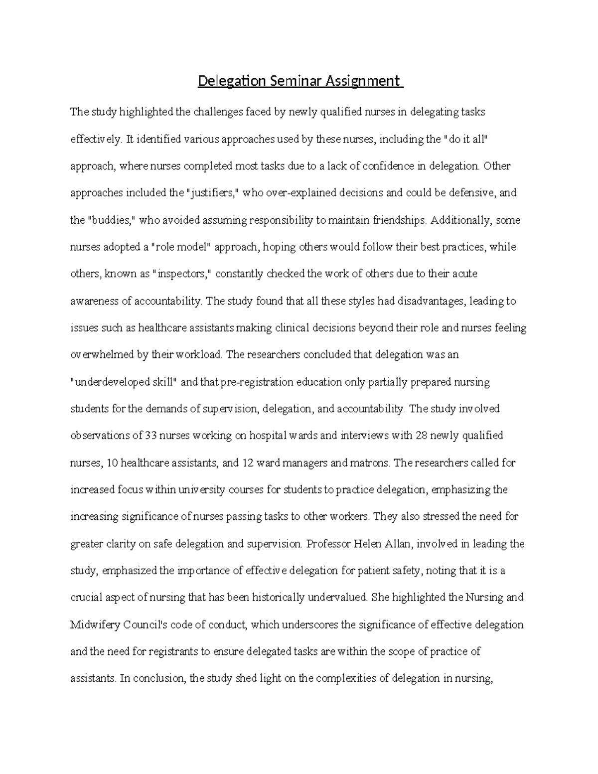 Delegation Seminar Assignment - It identified various approaches used by these nurses, including ...