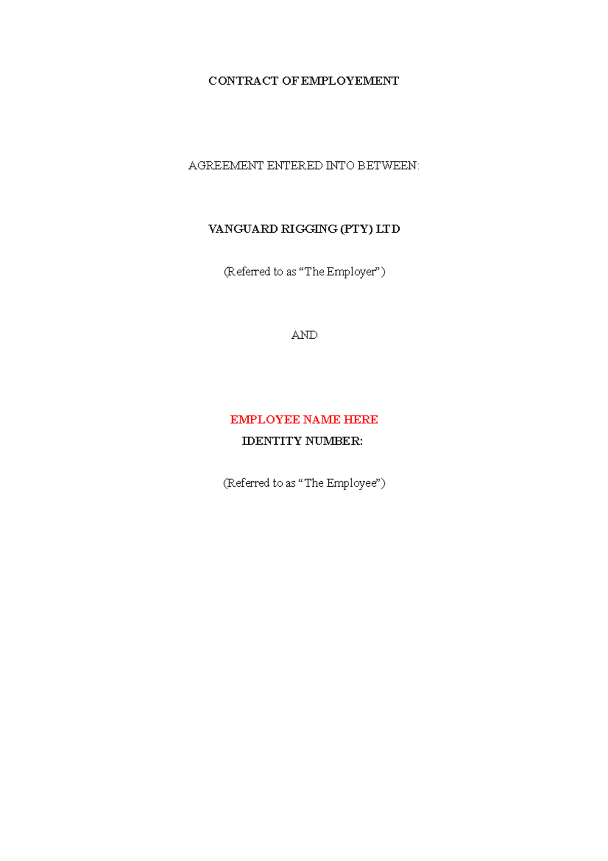 Fixed Term Employment Contract template - CONTRACT OF EMPLOYEMENT ...