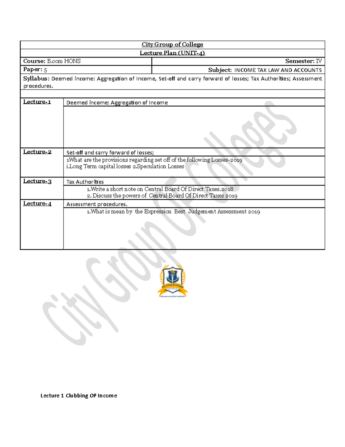Hons income tax unit 4 - Study hard - City Group of College Lecture ...