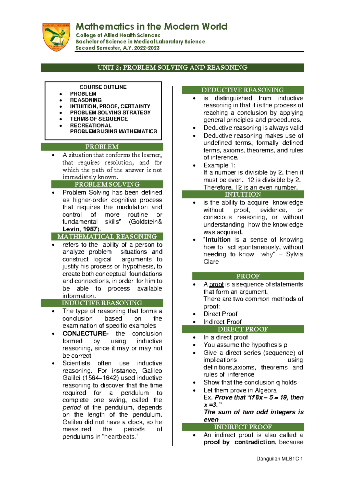 Mmw unit 2 - Mathematics in the Modern World College of Allied Health ...