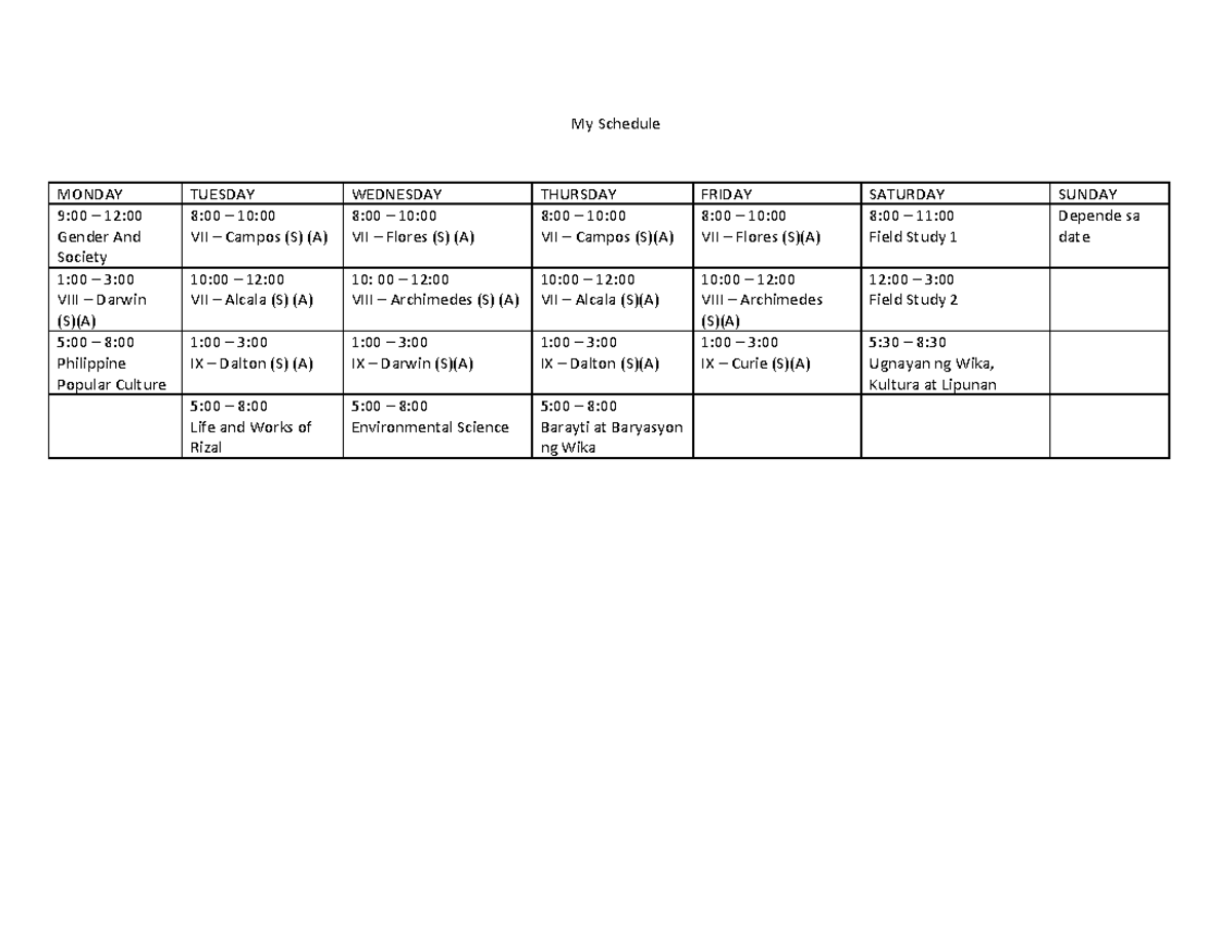 My Schedule - My Schedule MONDAY TUESDAY WEDNESDAY THURSDAY FRIDAY ...