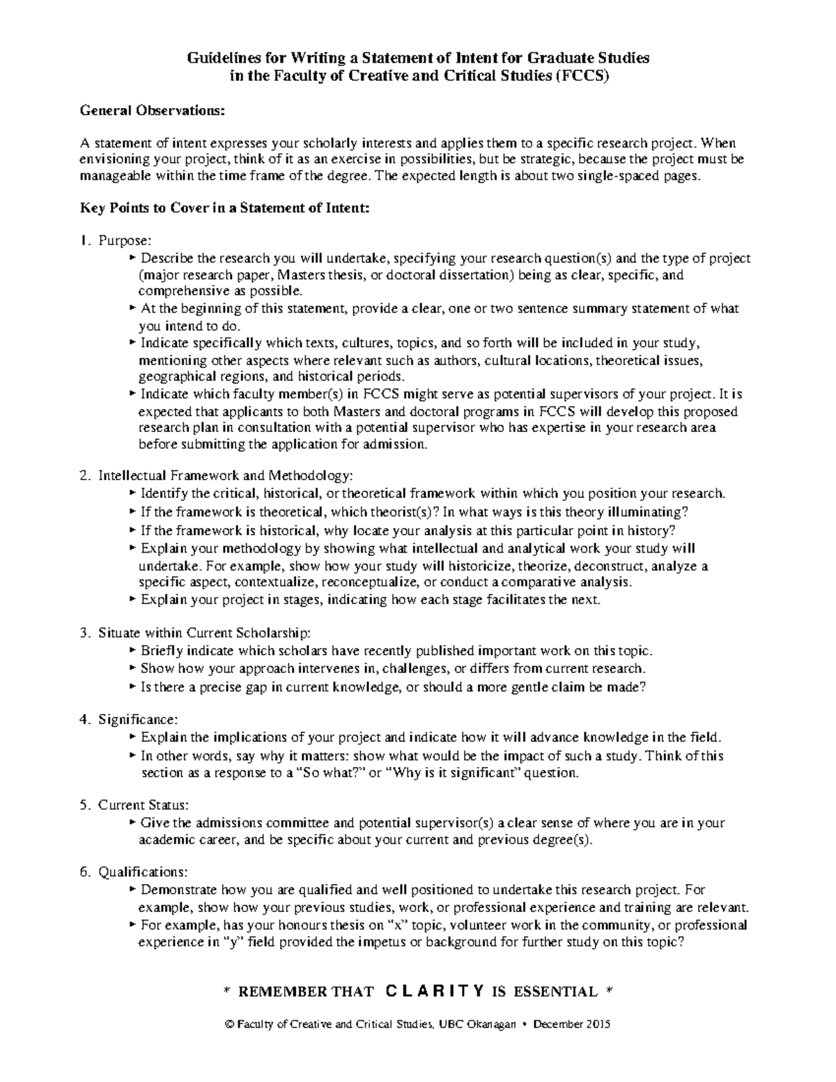 Guidelines for Writing Statement of Intent for Graduate Studies in the ...