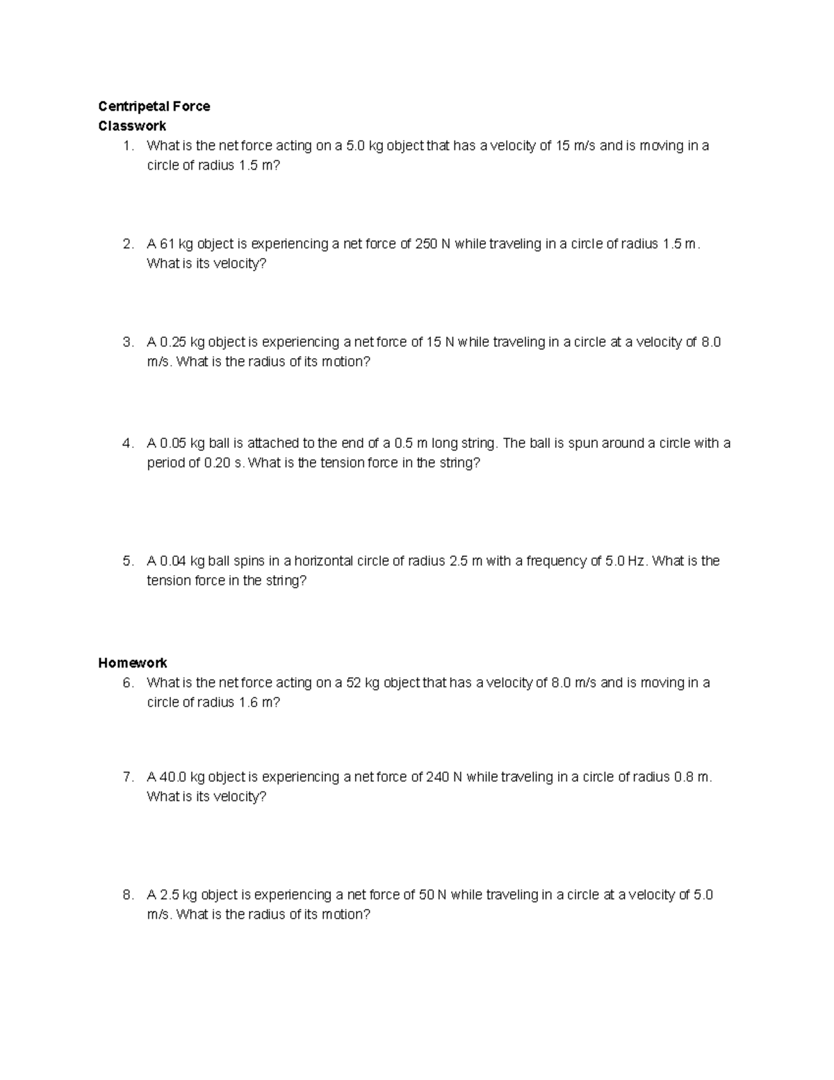 Centripetal+Force - Physics concept - Centripetal Force Classwork 1 ...