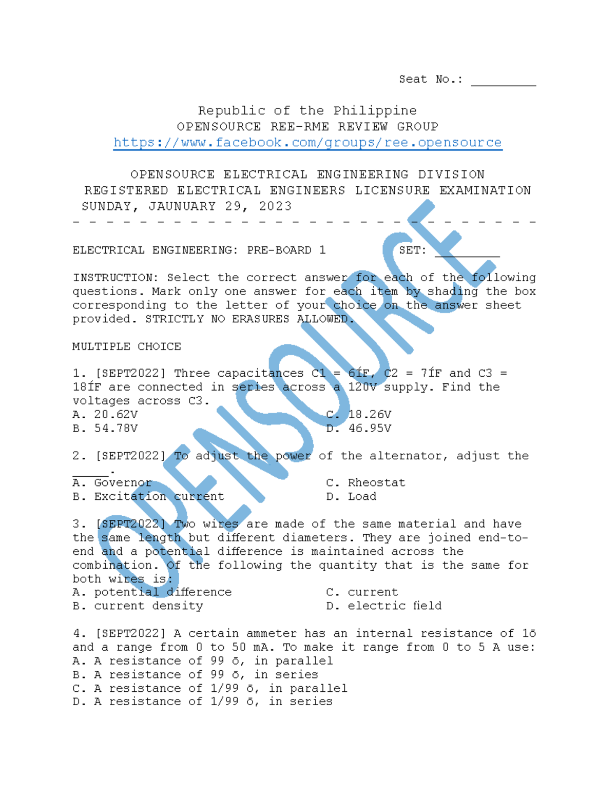 OS PB1 EE Questionnaire - Seat No.: _________ Republic of the ...