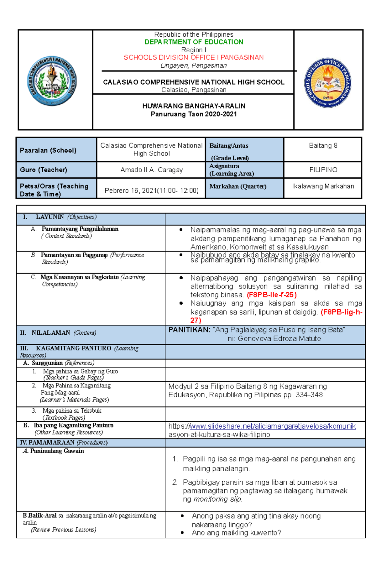 Cot dll filipino 8 final - Republic of the Philippines DEPARTMENT OF ...