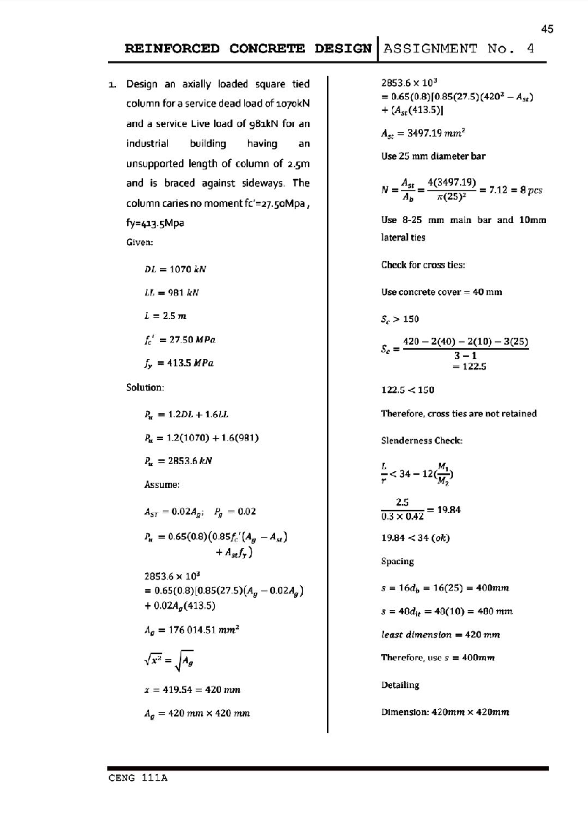 Column - BS CIVIL ENGINEERING - Studocu