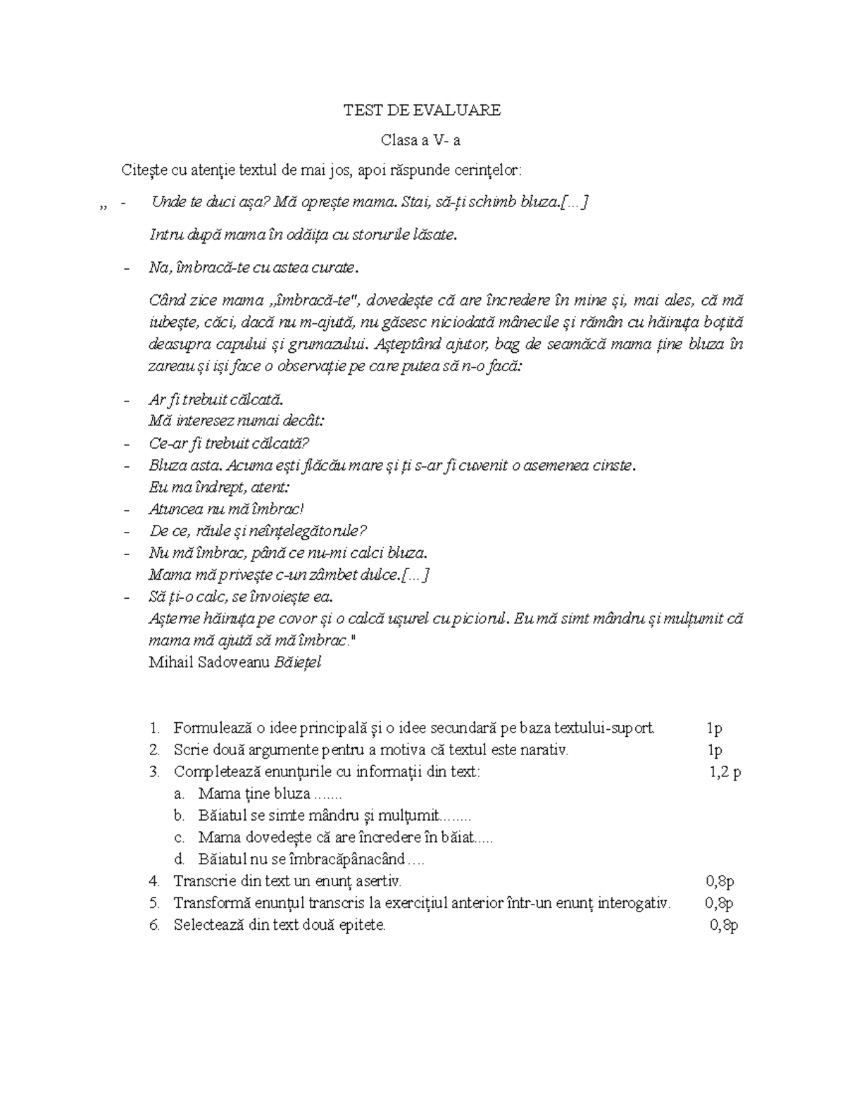 2 test clasa a v a - test - TEST DE EVALUARE Clasa a V- a Citește cu ...