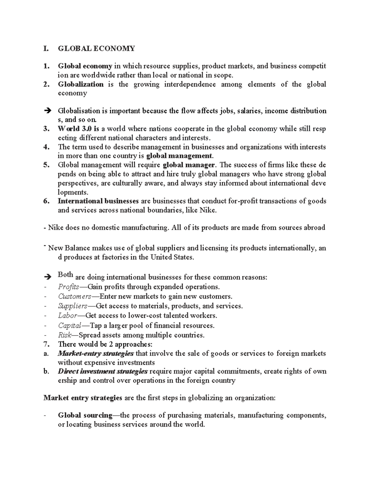 Chapter 5 summary - .,, - I. GLOBAL ECONOMY Global economy in which ...