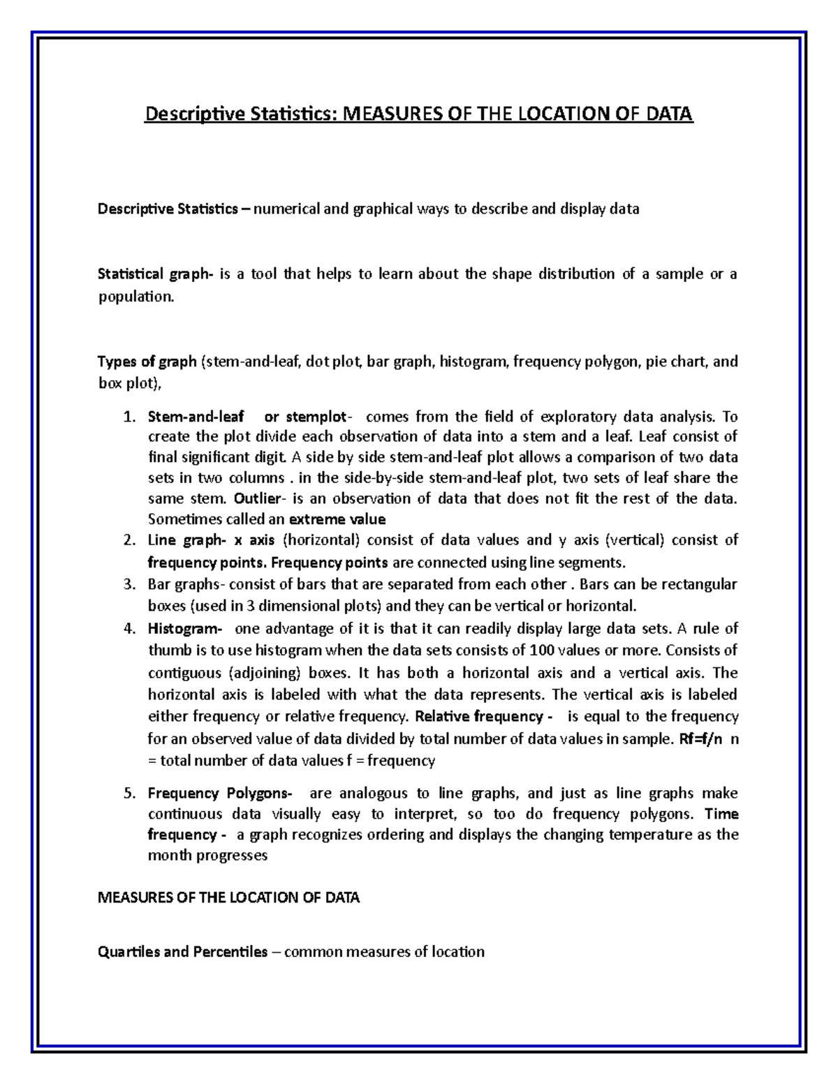 Descriptive Statistics Measures OF THE Location OF DATA - Strategic ...