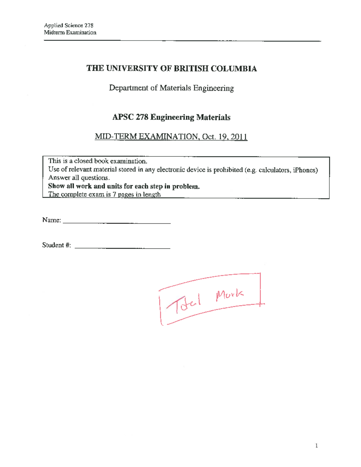 Exam 19 October 2011 Questions And Answers Midterm Apsc 278 Warning Decodescan