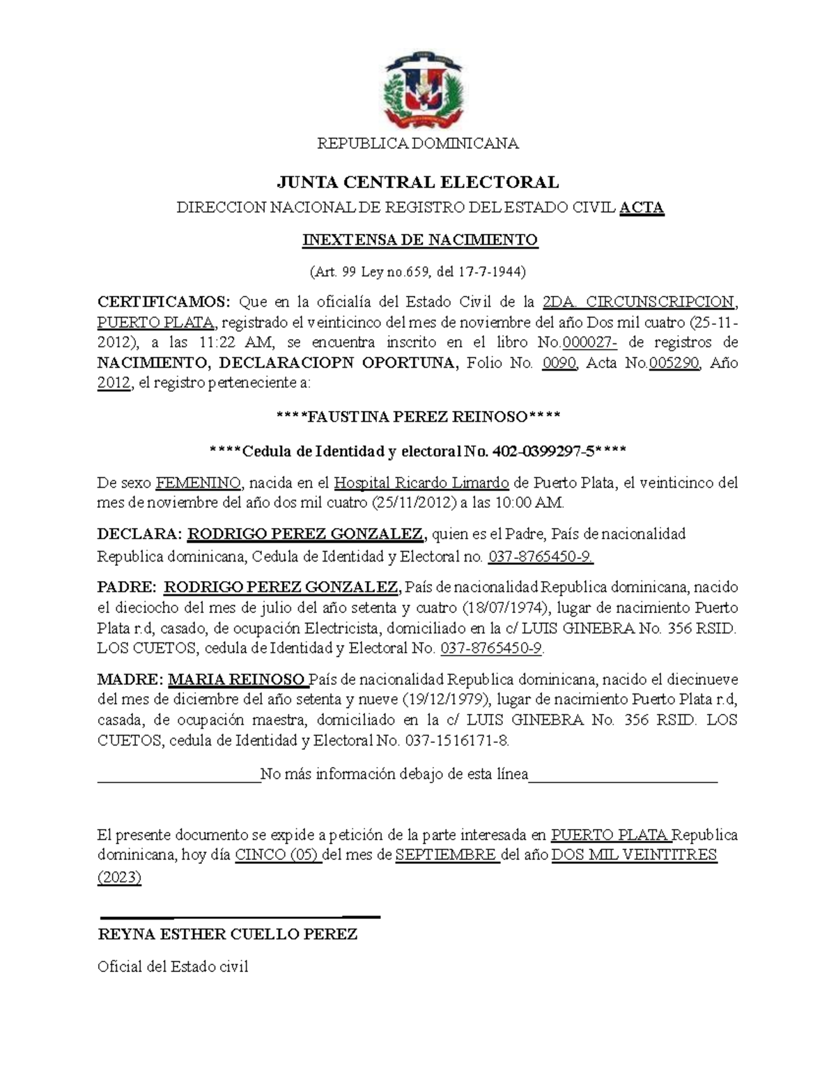 ACTA DE Nacimiento HIJA DEL Imputado 2 - REPUBLICA DOMINICANA JUNTA ...
