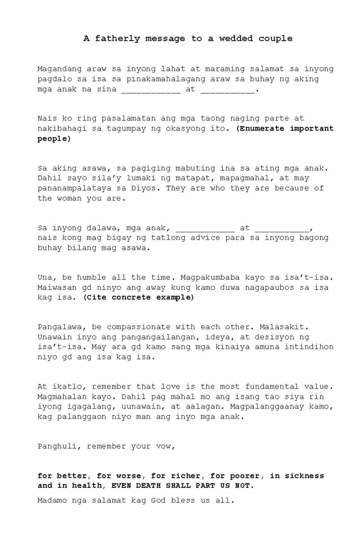 A fatherly message to a wedded couple 05312022 - A fatherly message to ...