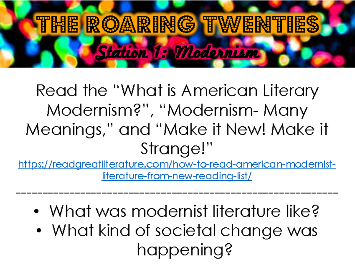Gatsbyroaring 20s Learning Stations - Station 1: Modernism Read the ...