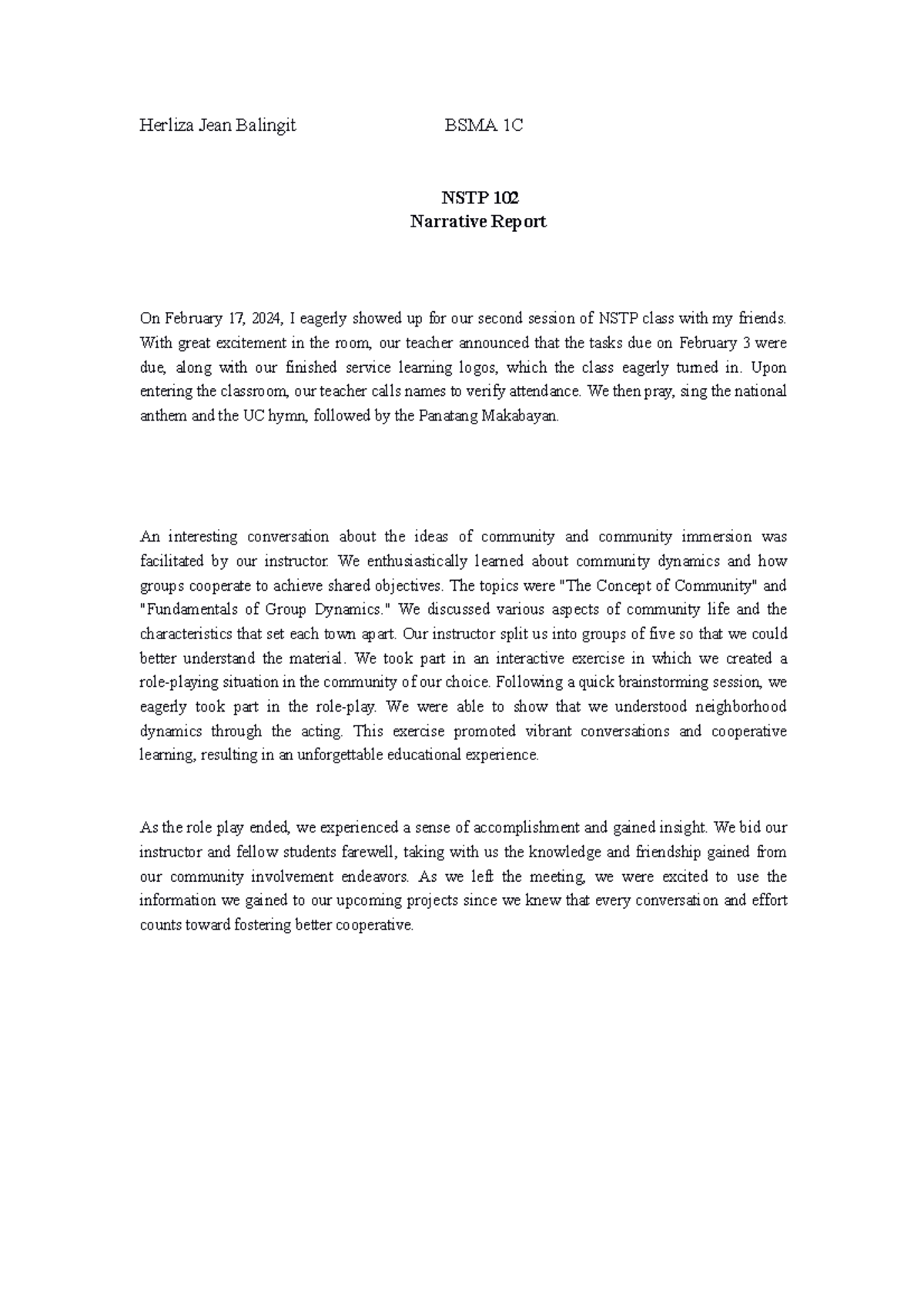 Narrative report 2 - I dont have a description - Herliza Jean Balingit BSMA 1 C NSTP 102 ...