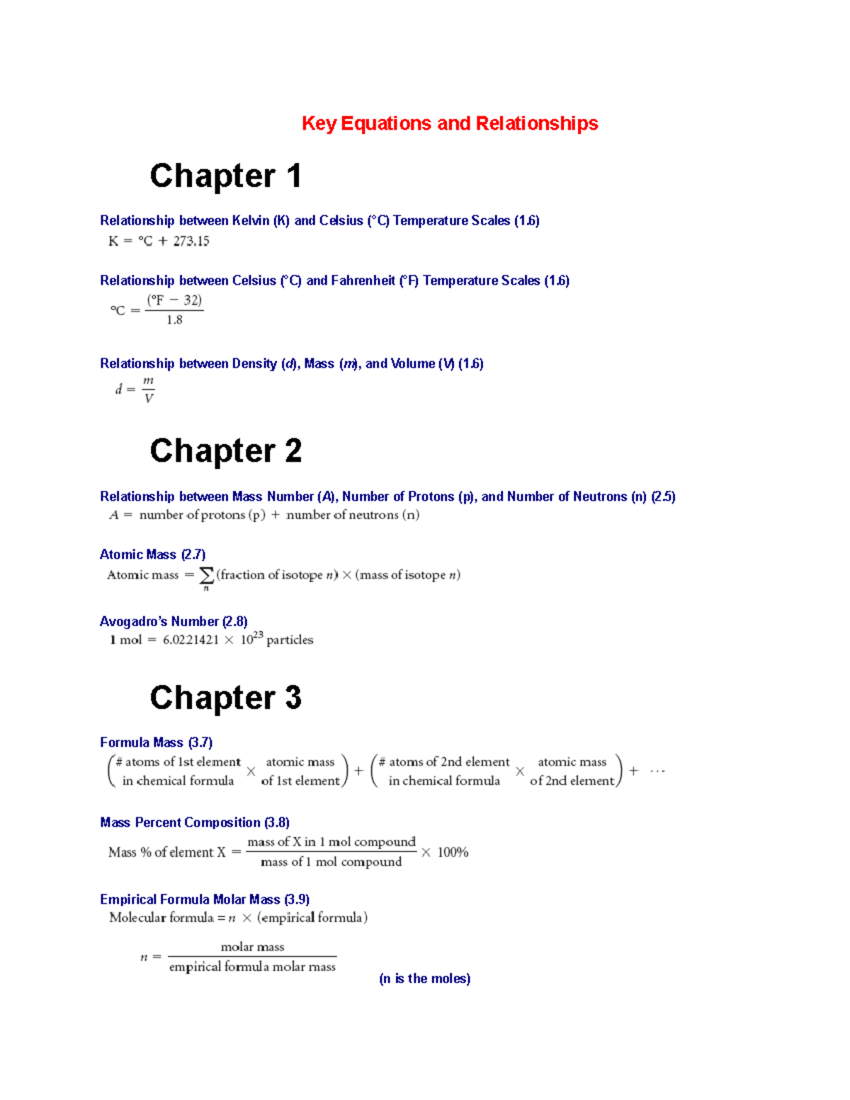 Key Equations and Relationships for Chem 1211 final exam - Key ...