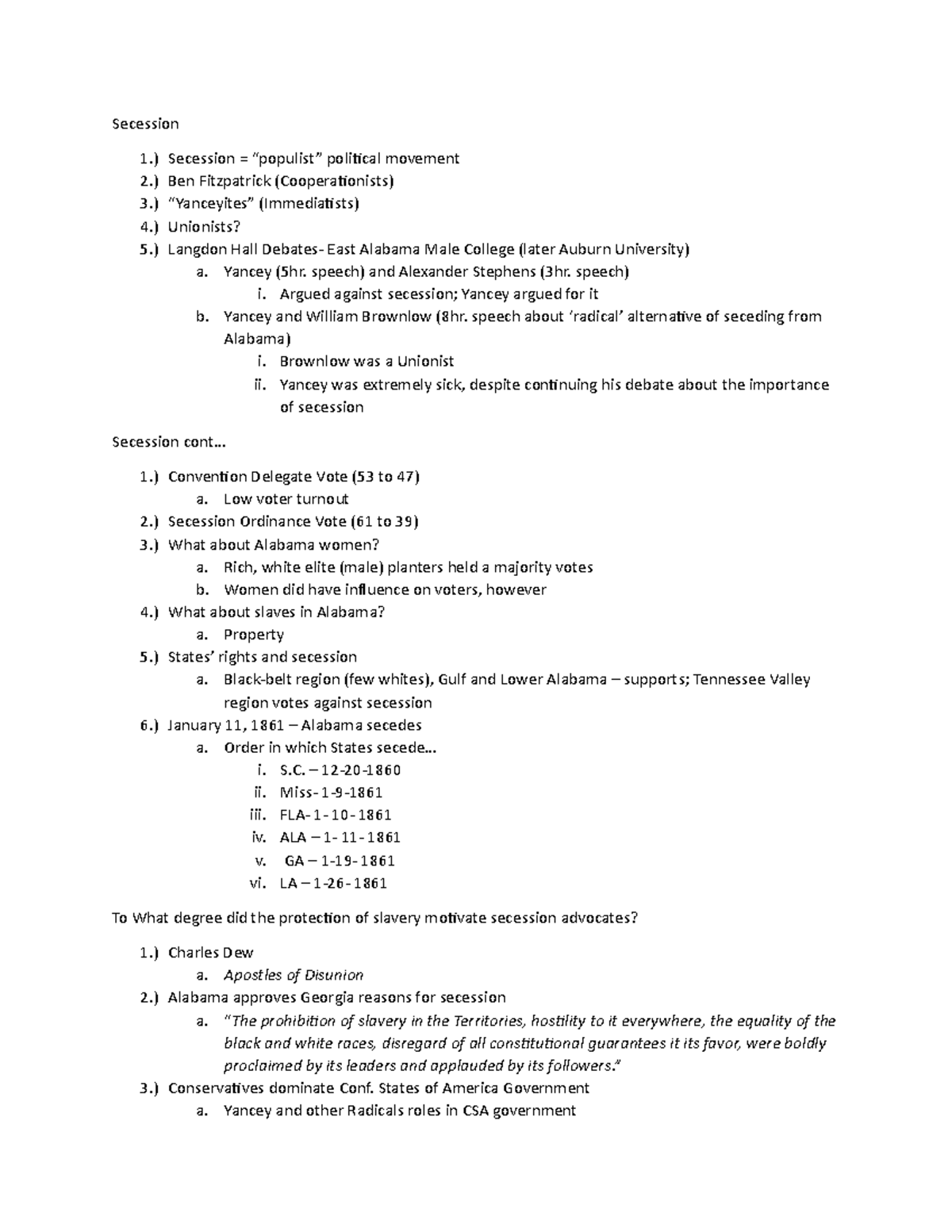February 24 Discussion Lecture and Notes - Secession 1.) 2.) 3.) 4.) 5 ...