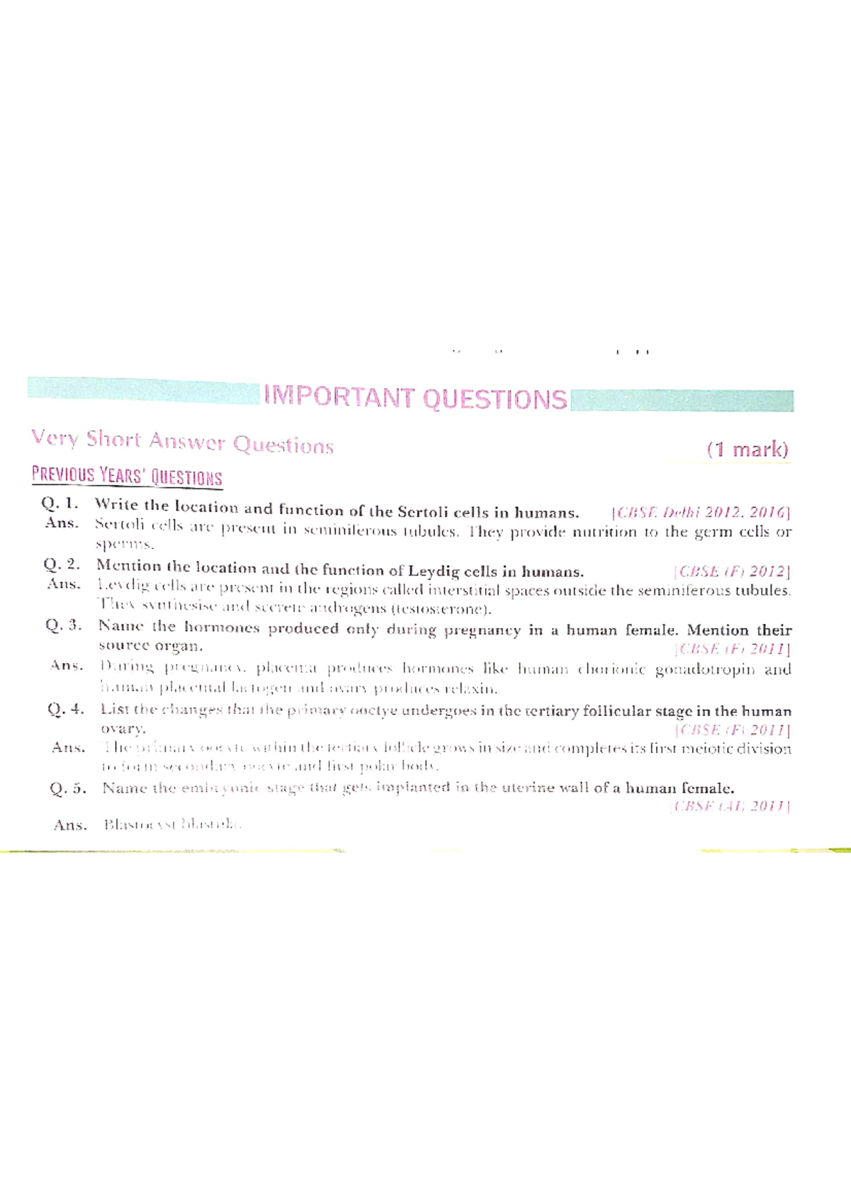 Class 12 ch 2 Human Reproduction - IMPORTANT QUESTIONS Very Short ...