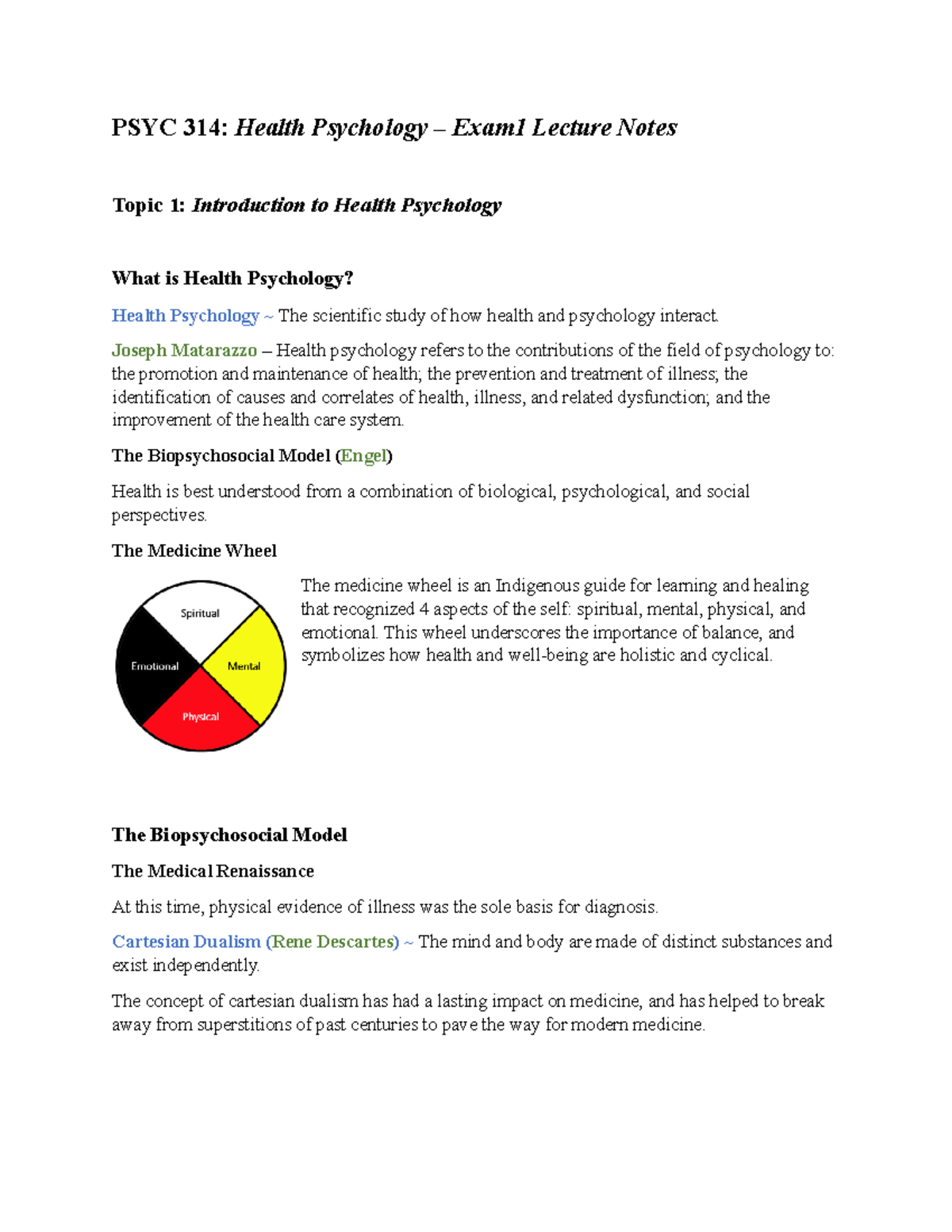 PSYC 314: Exam 1 - Lecture Notes - PSYC 314: Health Psychology – Exam1 ...