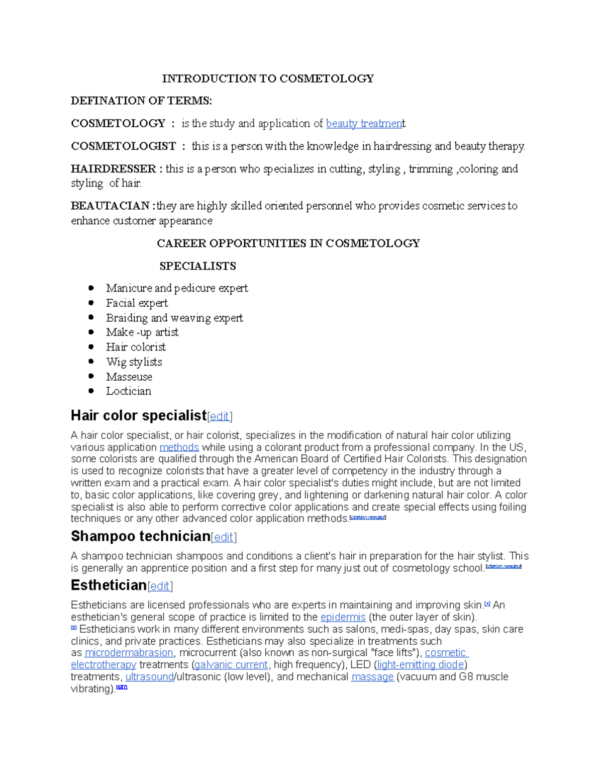 Cosmetology notes - INTRODUCTION TO COSMETOLOGY DEFINATION OF TERMS ...