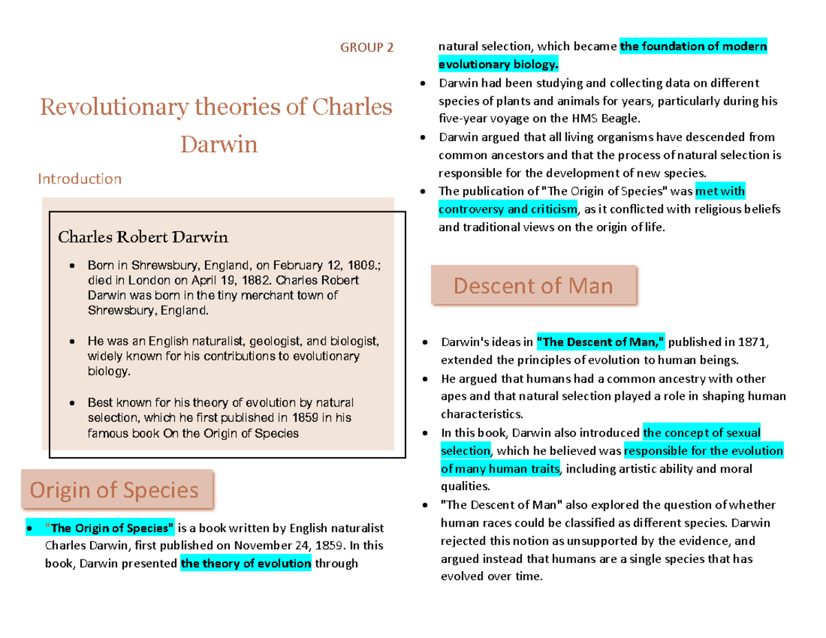 Group 2 Charles Darwin - Notes - GROUP 2 Revolutionary theories of ...