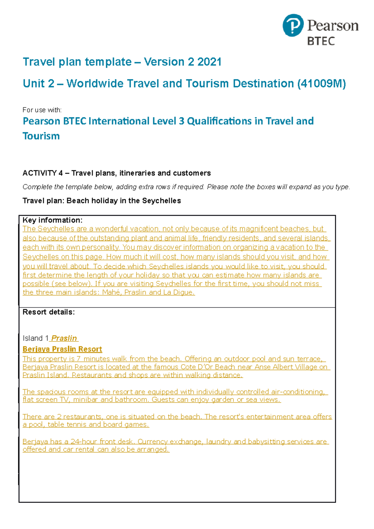 BTEC International-L3 T-T U2 Itinerary Travel Plan V2 Final - Travel ...