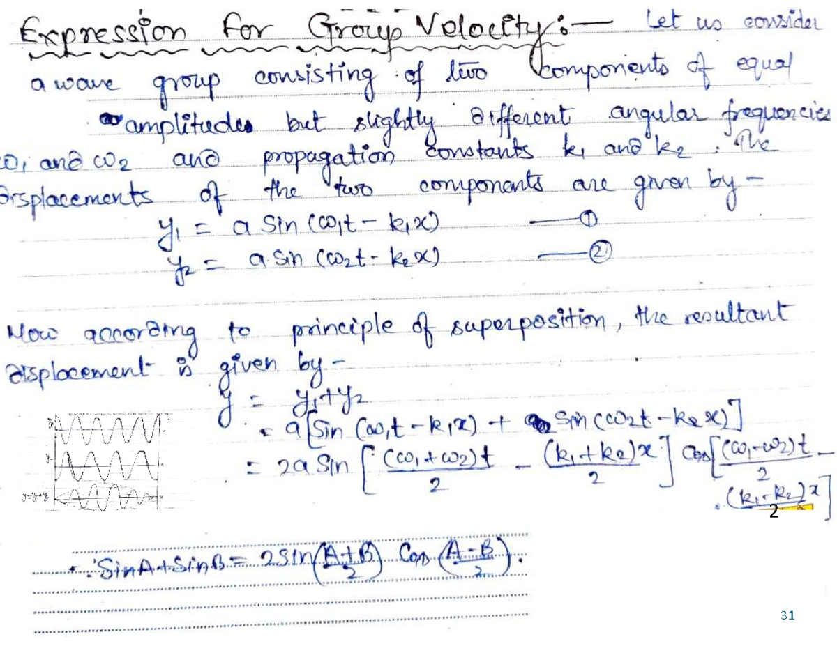 Group velocity - Expression For Group us Let consider a wave group ...