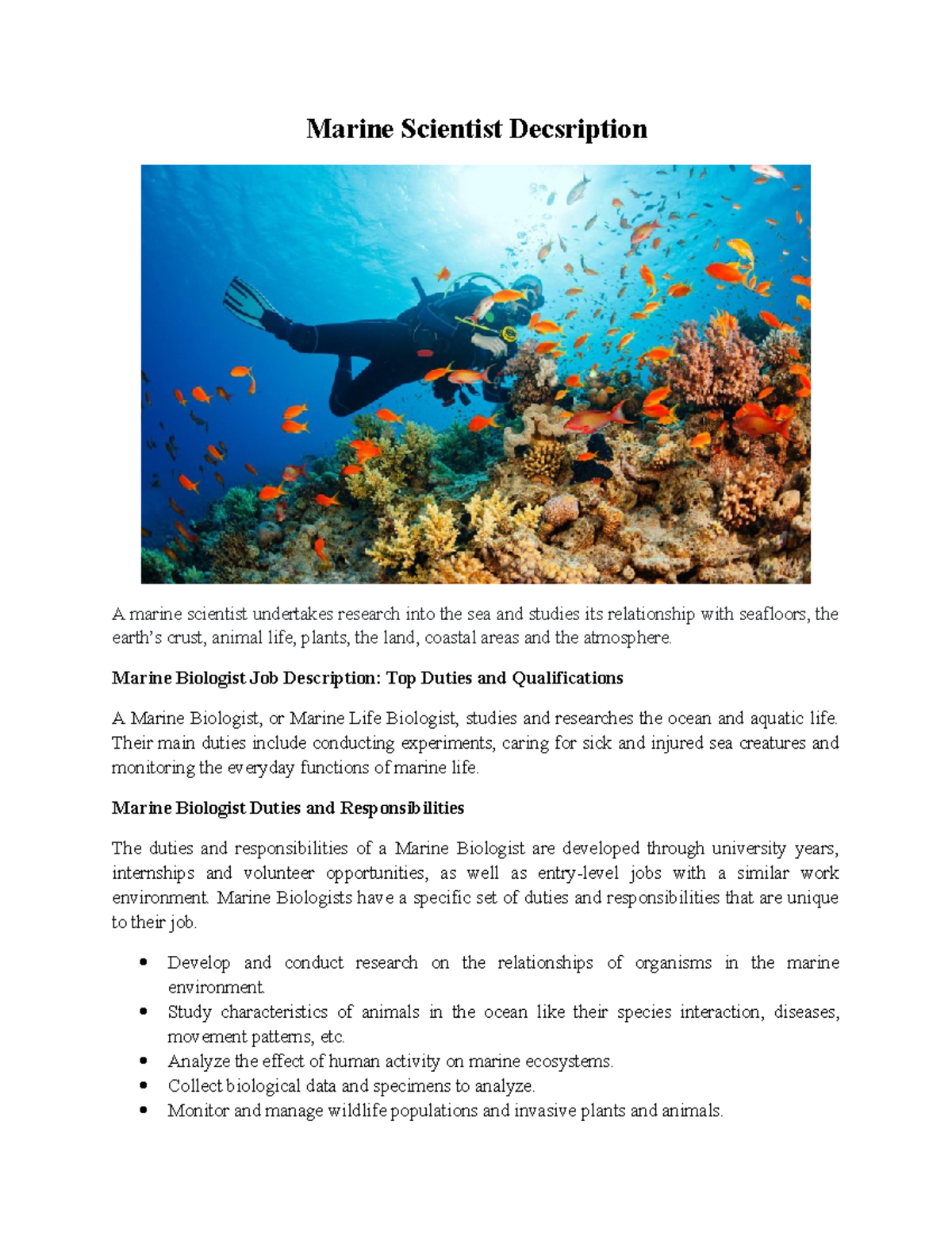 Future Career Plan - the example of assignment. - Marine Scientist ...