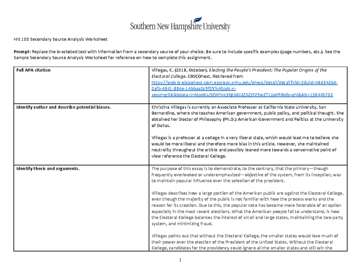 3-4 Activity Secondary Source Analysis Worksheet - 1 HIS 100 Secondary ...