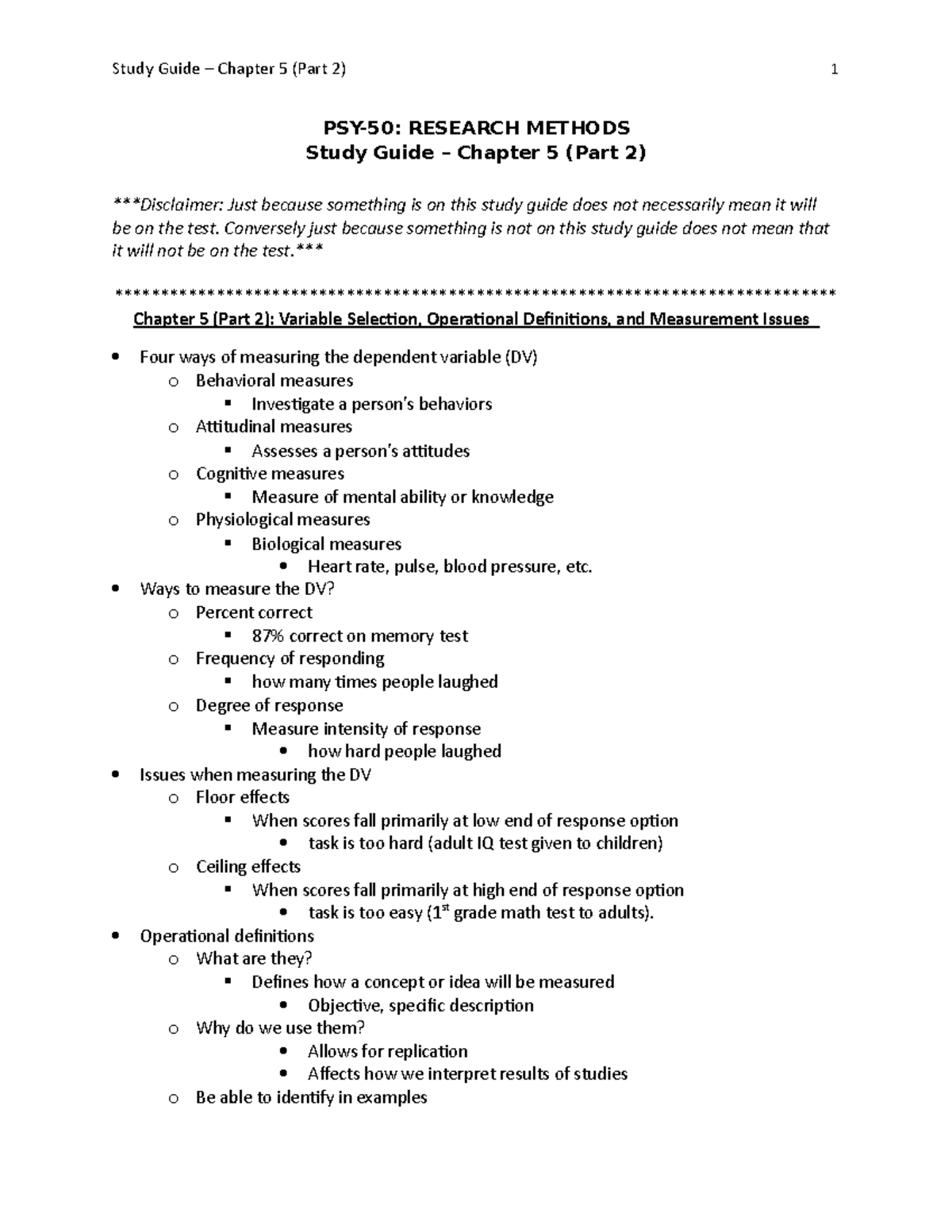 PSY 50 - Chapter 5 (Part 2) Study Guide - Study Guide – Chapter 5 (Part 2) 1 PSY-50: RESEARCH ...