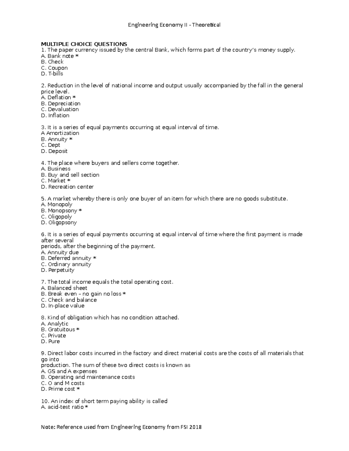 Exam, questions and answers - Engineering Economy II Theoretical ...