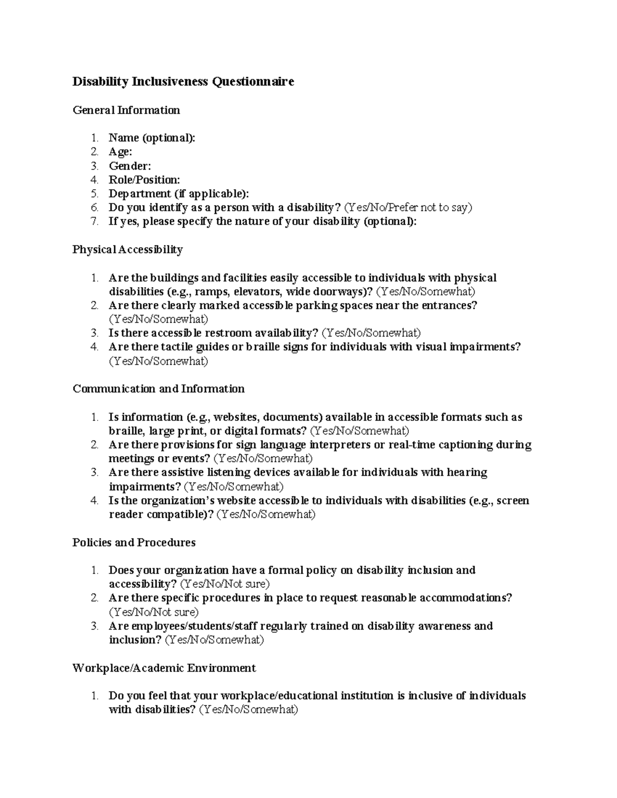 Disability Inclusiveness Questionnaire - Name (optional): 2. Age: 3 ...