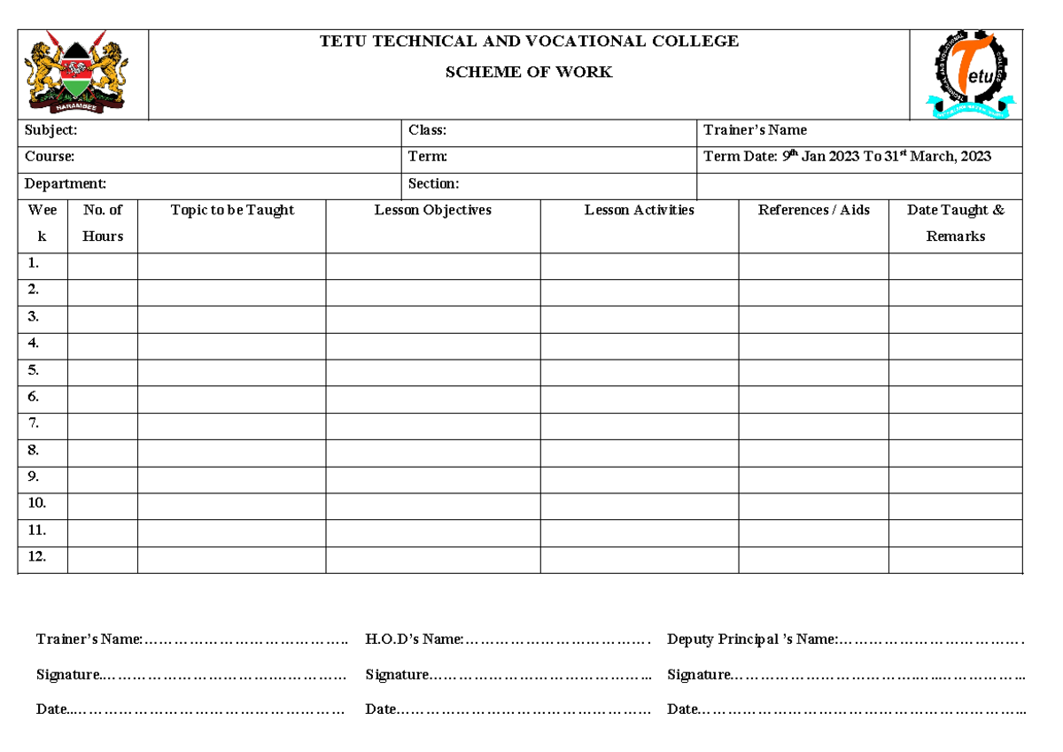 Scheme of work template - TETU TECHNICAL AND VOCATIONAL COLLEGE SCHEME ...