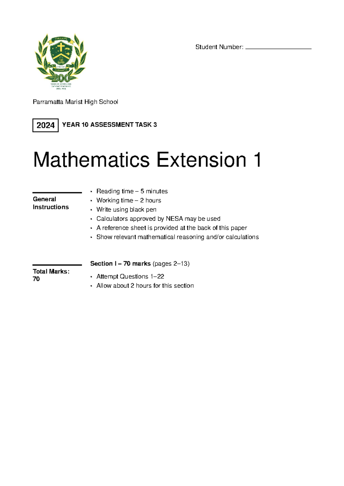 2024 Year 10 Extension 1 Task 3-2 - Student Number: Parramatta Marist ...