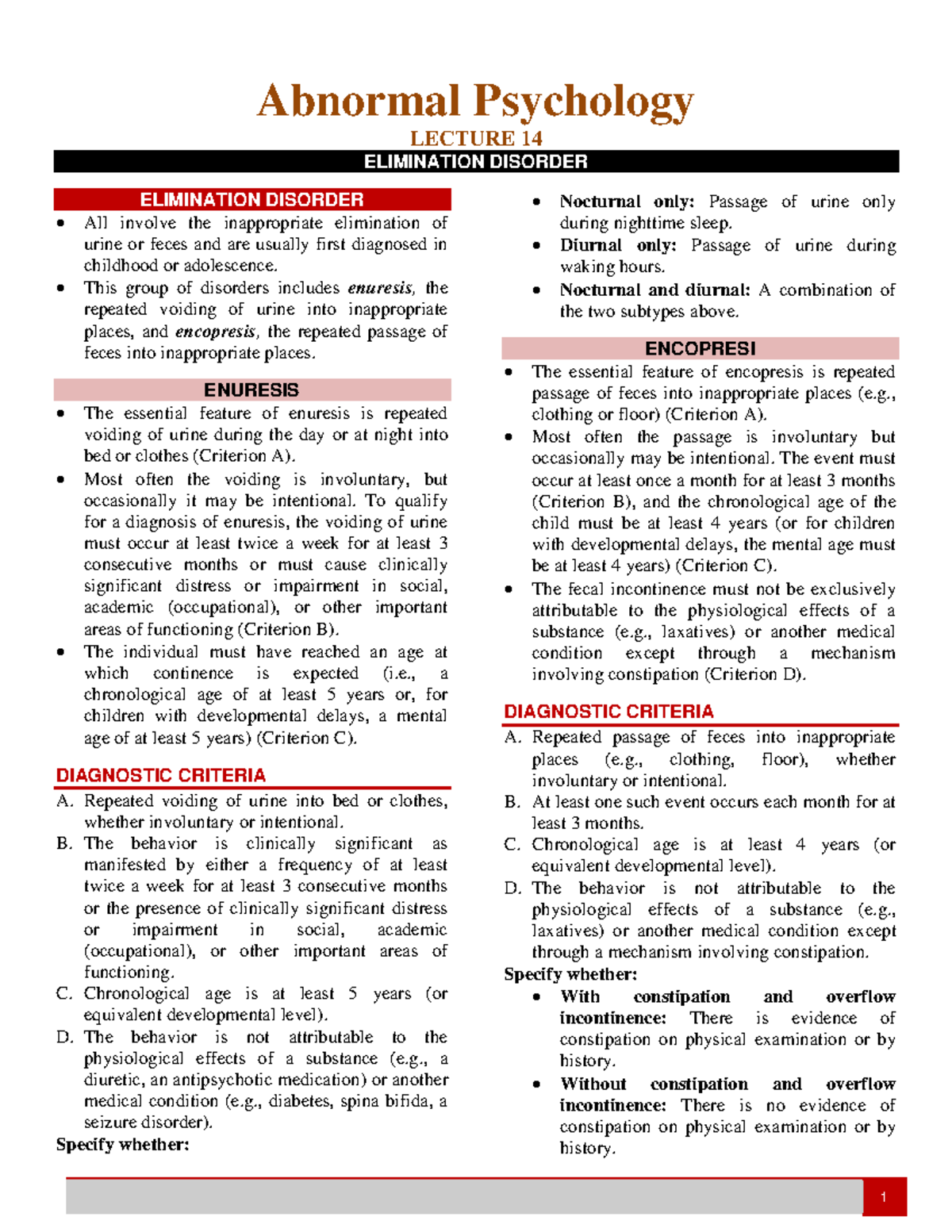 Ab Psych Lec14 notes - Elimination Disorder - 1 Abnormal Psychology ...