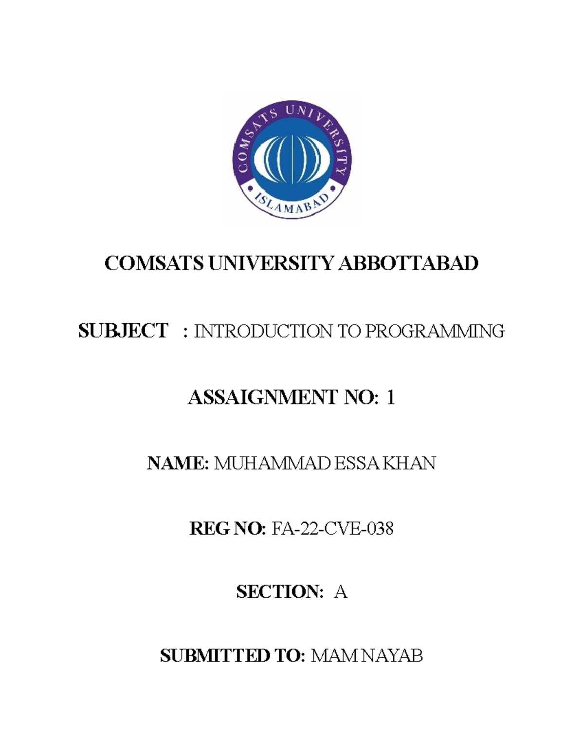 Programming.docx 123 - COMSATS UNIVERSITY ABBOTTABAD SUBJECT ...