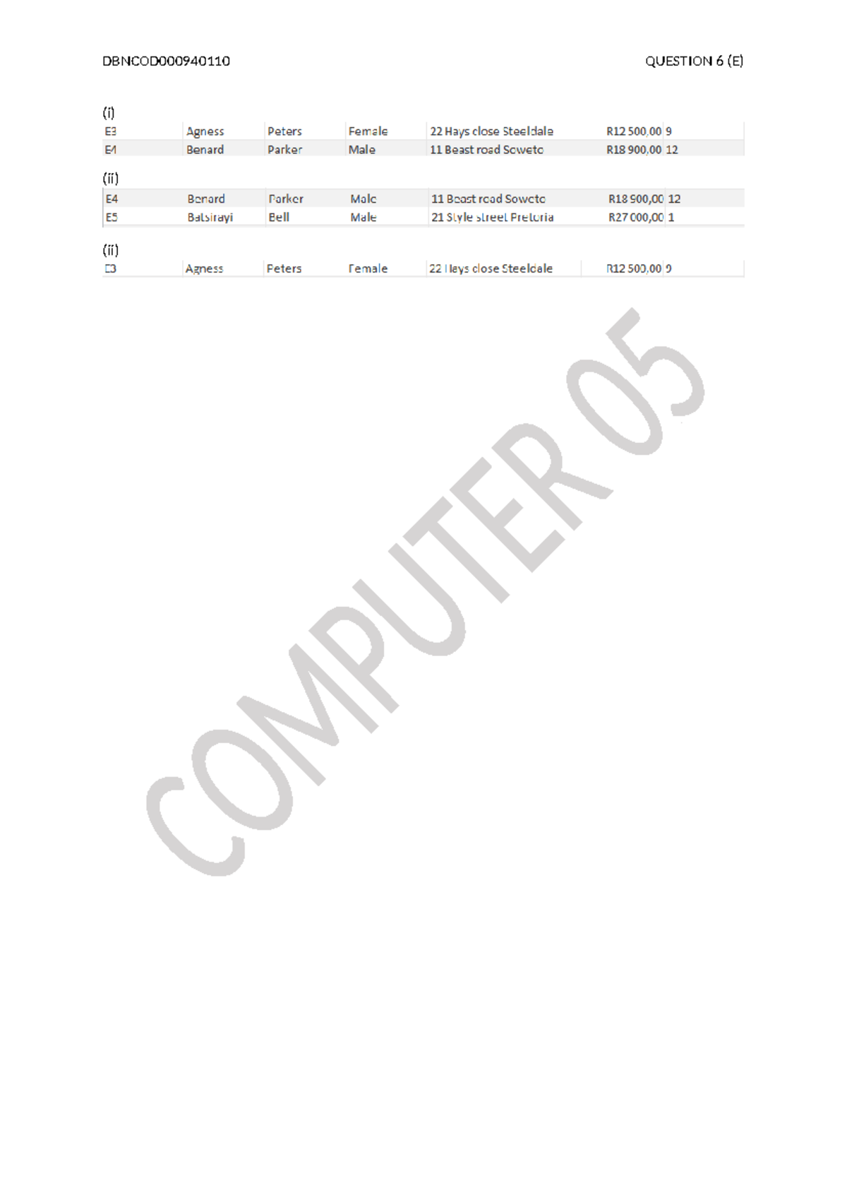 Question 5 E - Practical - QUESTION 6 (E) (i) E3 Agness Peters Female ...