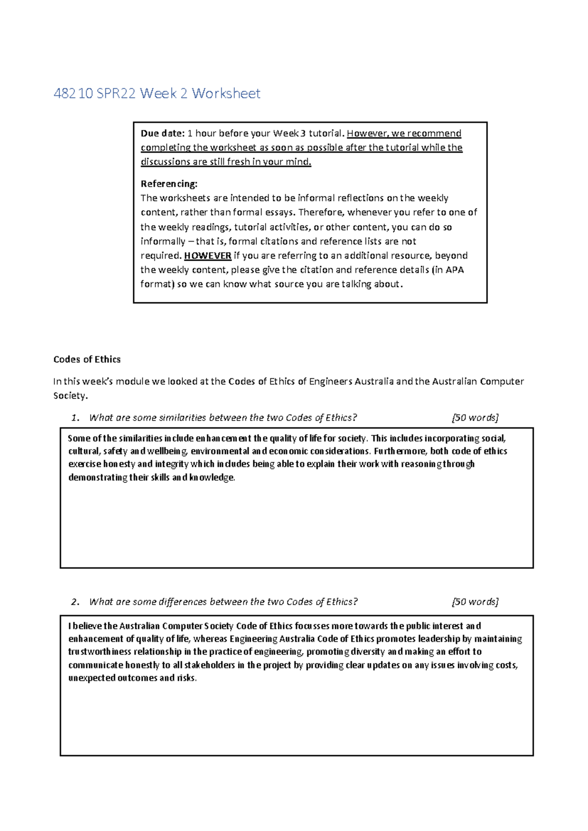 Worksheet 2 - Distinction - 48210 SPR22 Week 2 Worksheet Codes of ...