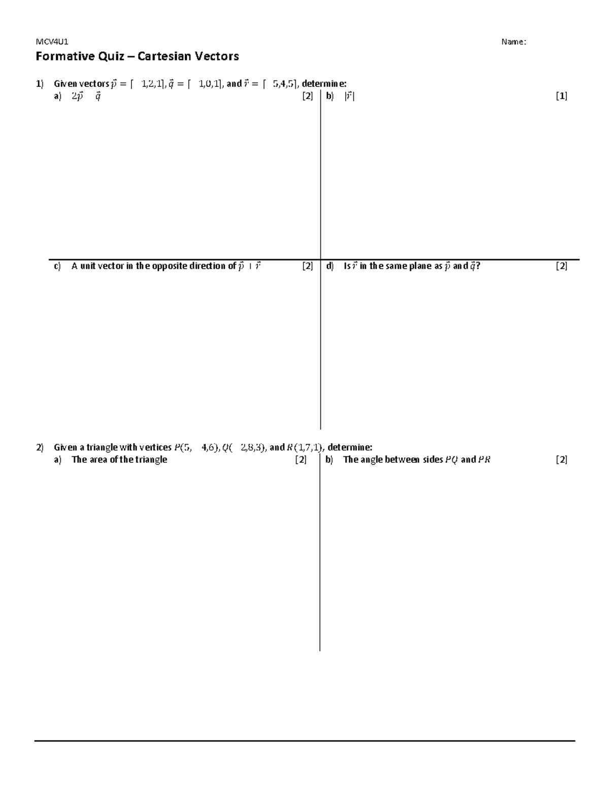 Cartesian Vector - n/a - MCV4U1 Name: Formative Quiz – Cartesian ...