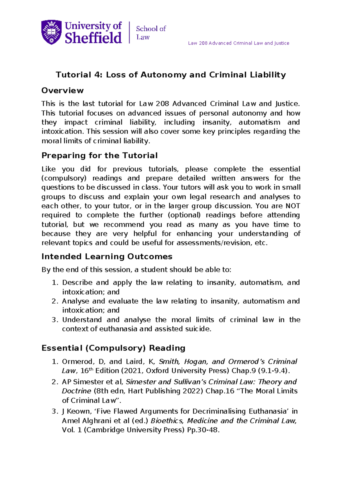 Loss of Autonomy and Criminal Liability. - Tutorial 4: Loss of Autonomy ...