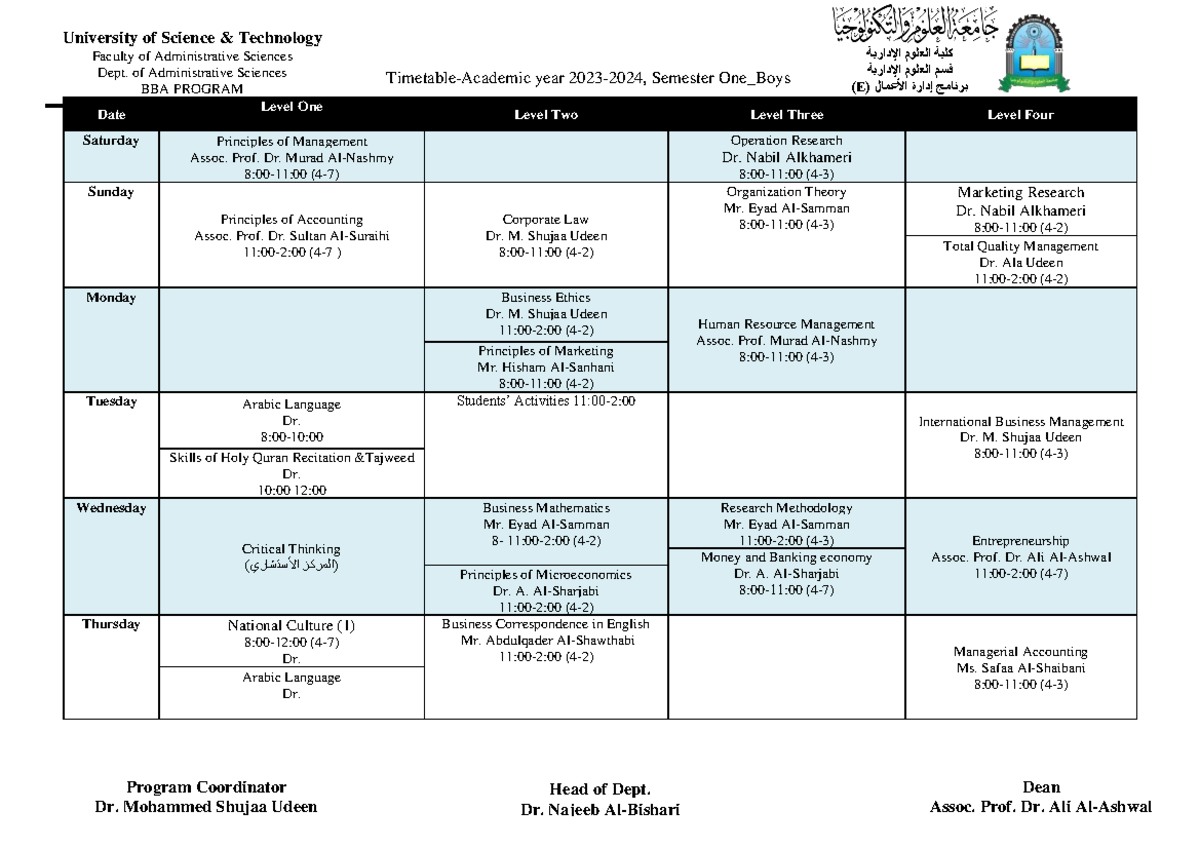 Timetable 2023-2024 S 1 B - University of Science & Technology Faculty ...