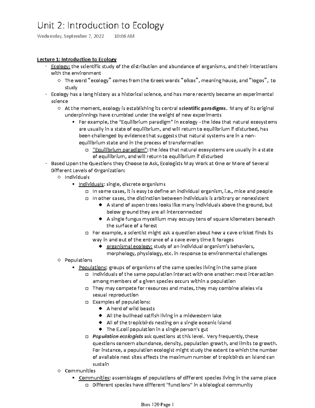 Bios 120 Unit 2 Introduction to Ecology - Lecture 1: Introduction to ...