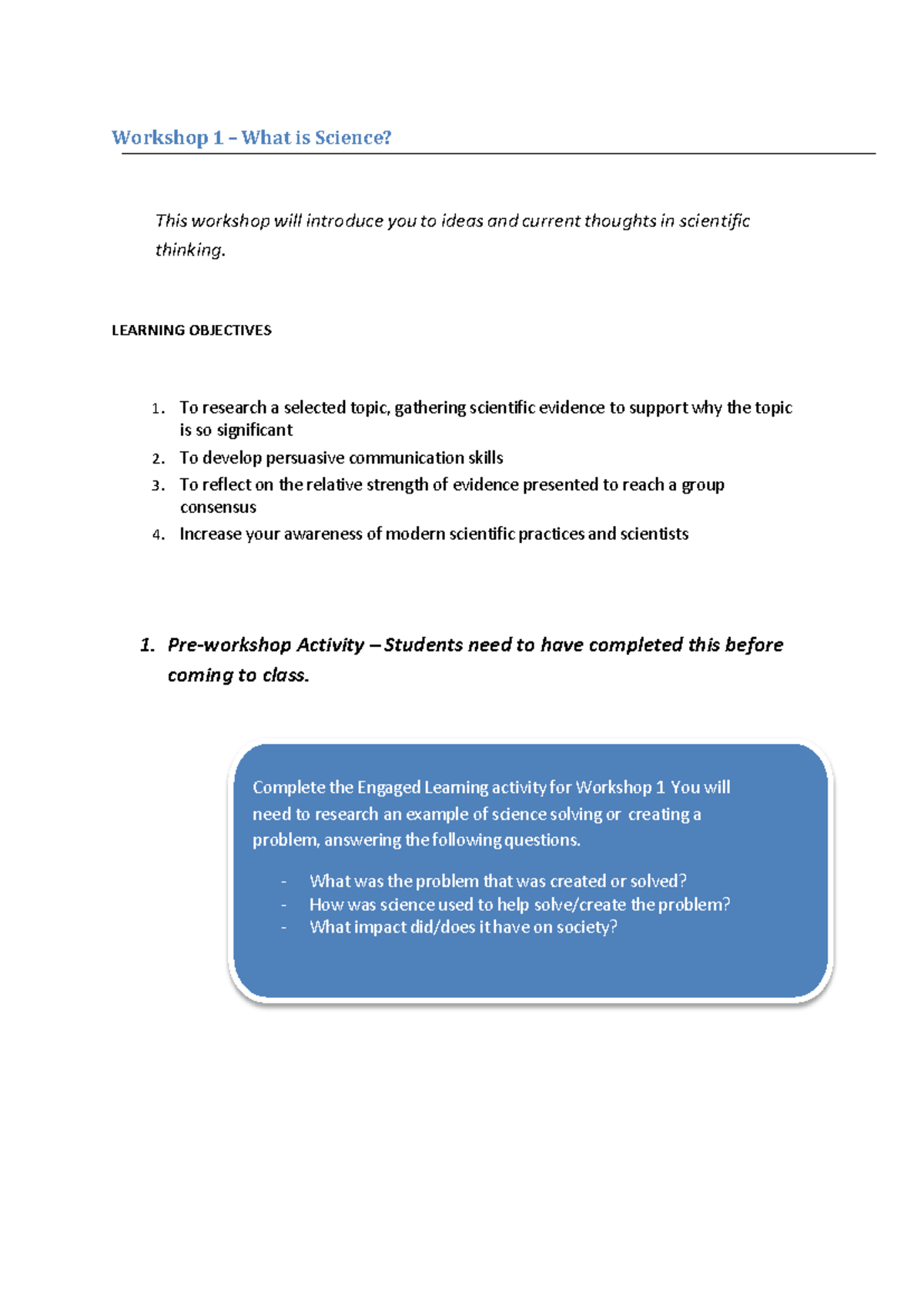 PSP workshop 1 - prac - Workshop 1 – What is Science? This workshop ...