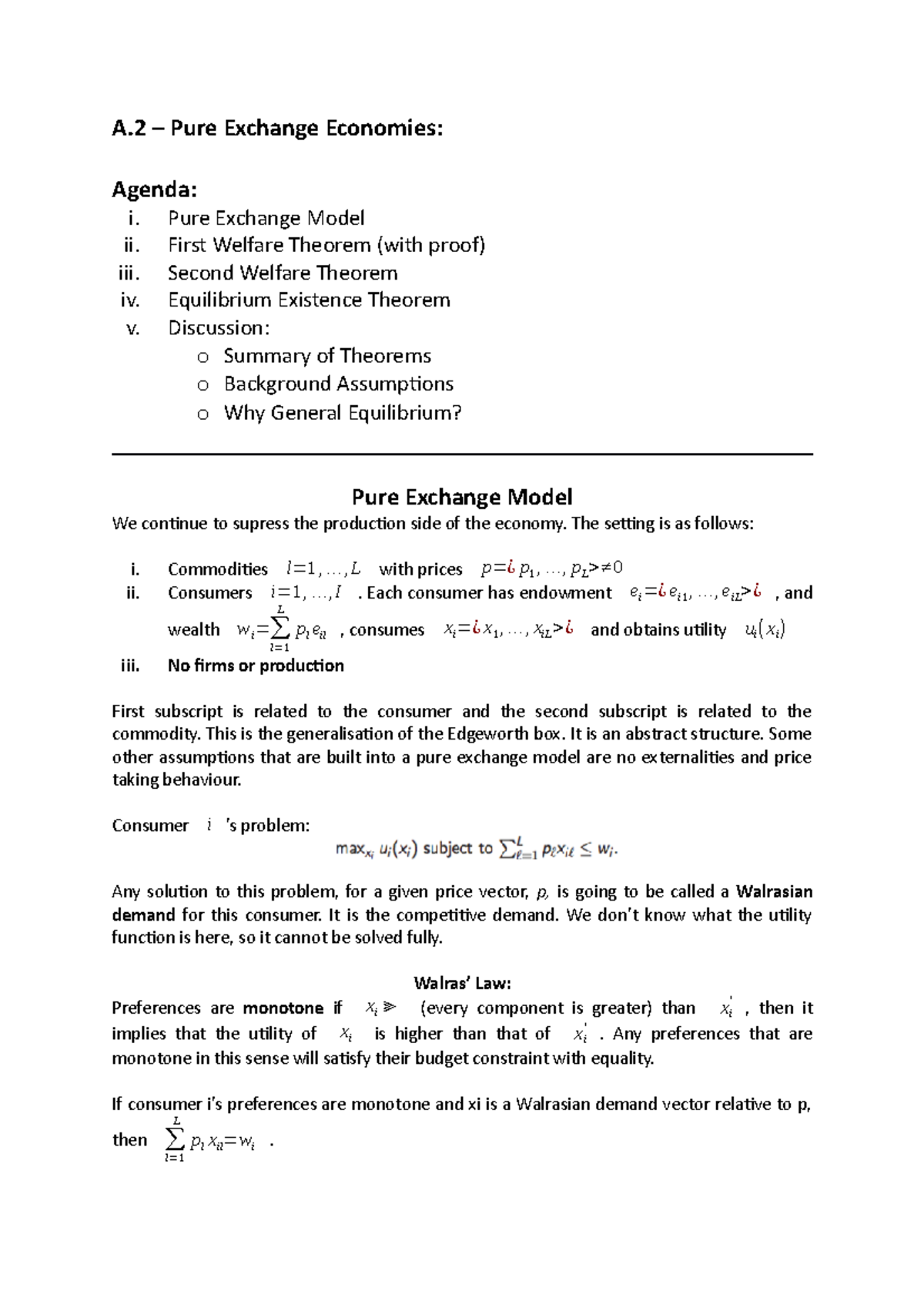 A.2 topic lecture notes - A Pure Exchange Economies: Agenda: i. ii. iv ...